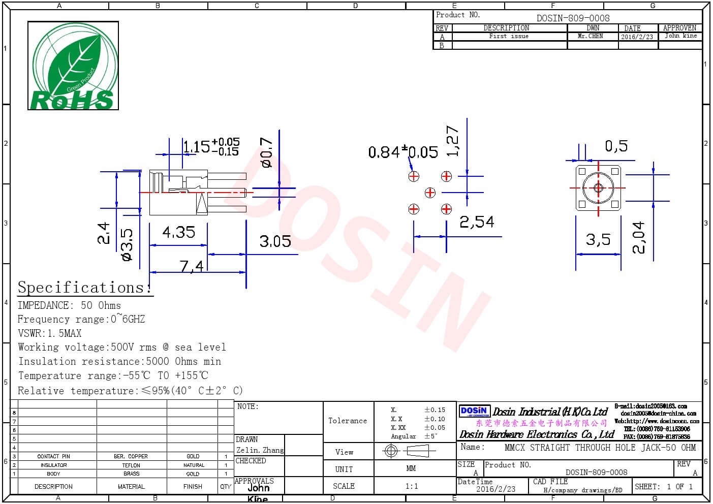 MMCX Connector PCB RF Coaxial Straight Female for PCB Mount - Dosin ...